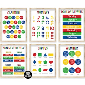 Education Learning Printable Posters Set of 6 · Shapes Numbers Weather ...