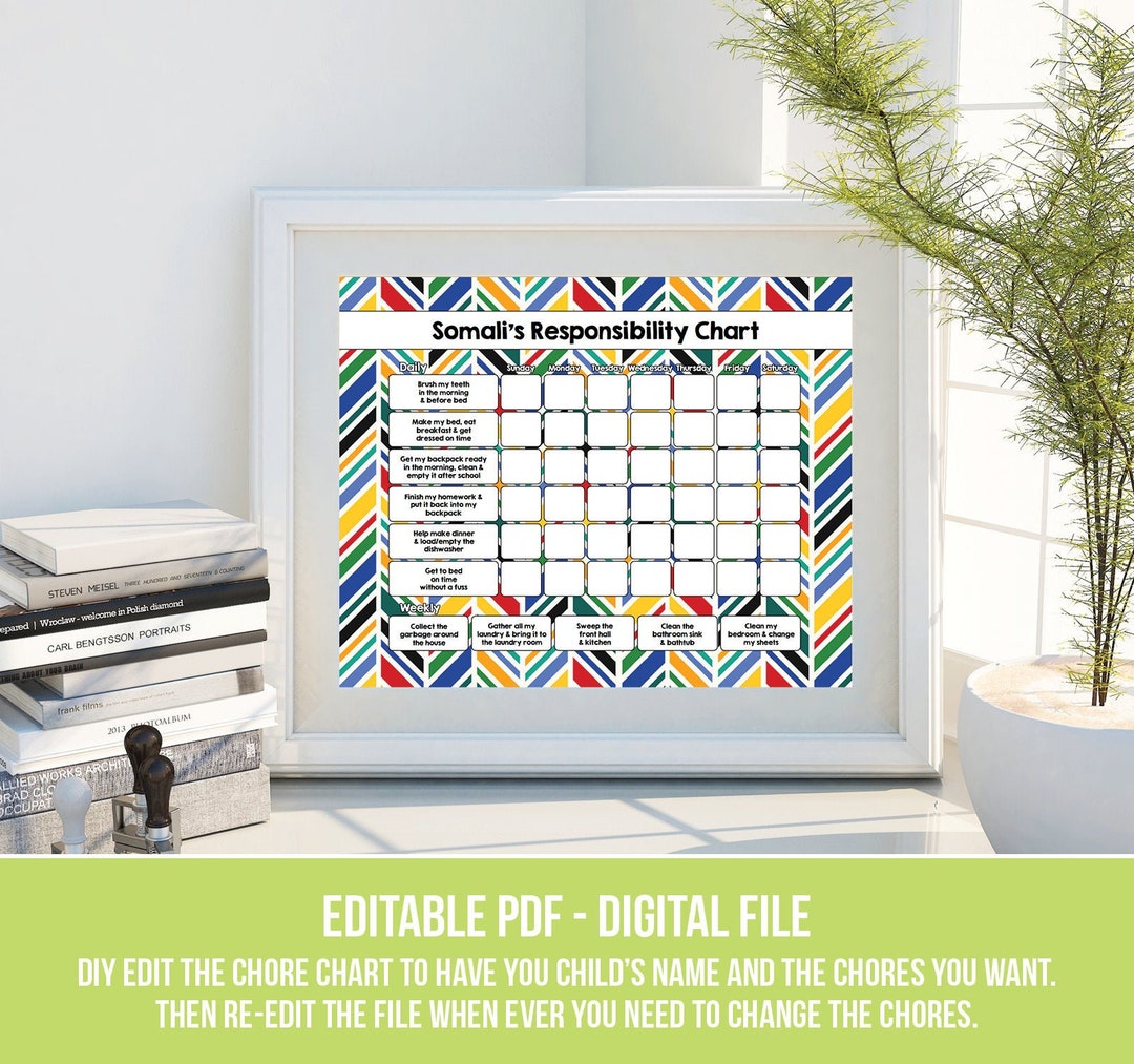 Bright Colorful Chore Chart for Kids, Teen, Responsibility Chart ...