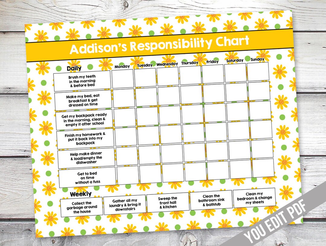 Girl Chore Chart Printable, Girl Reward Chart, Responsibility Chart ...