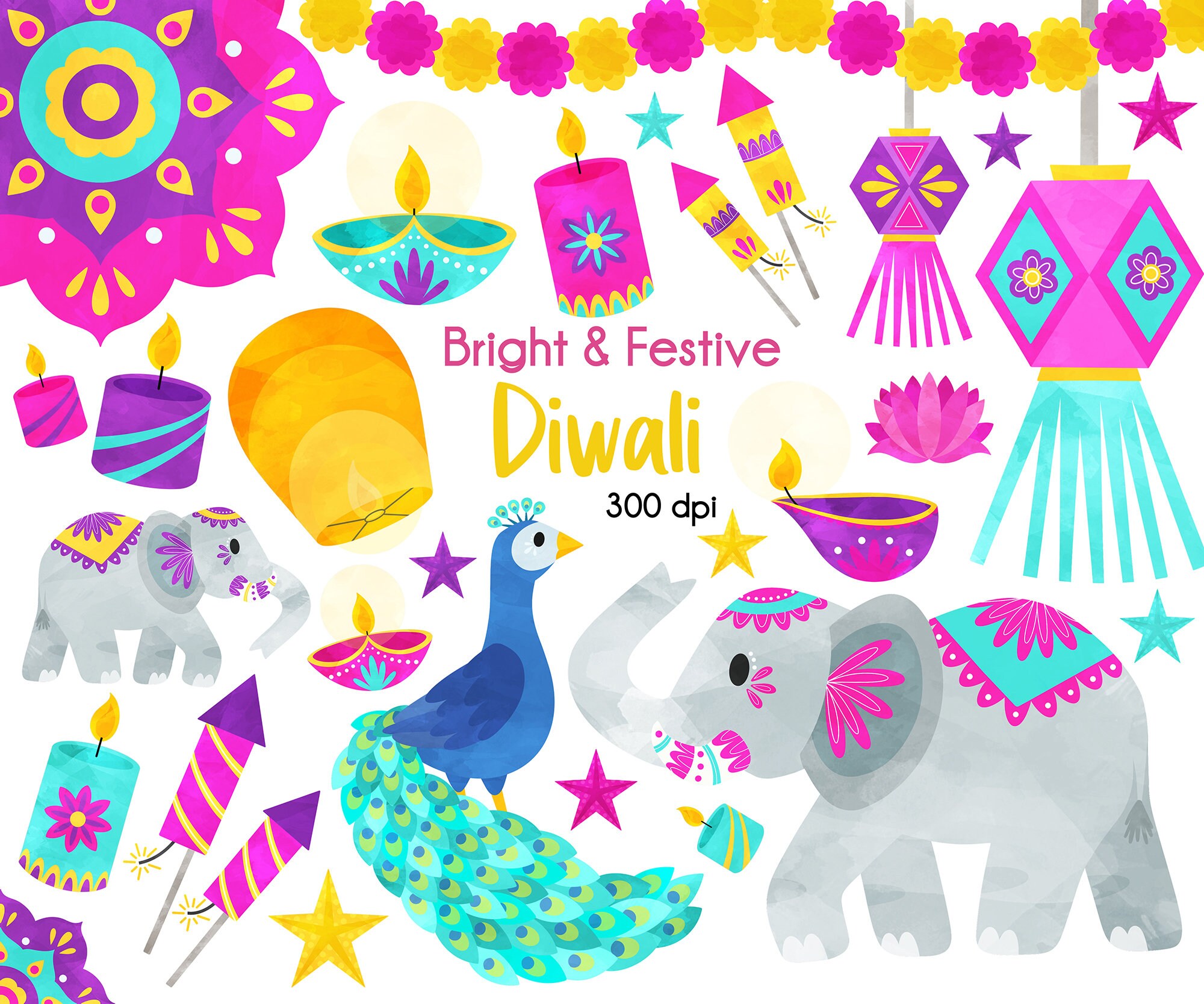 Diwali Clipart Bundle, Diya Oil Lamp Clipart, Festival of Lights PNG ...