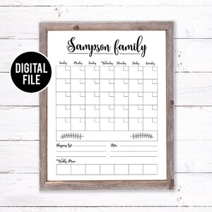 Custom Name Calendar Family Name Calendar Printable Calendar | Etsy