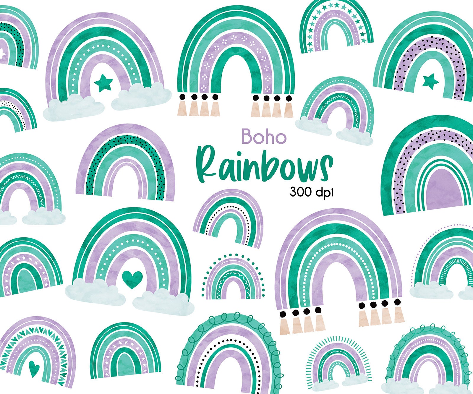 Aqua Purple Rainbow Clipart Bundle Set, Boho Rainbow Clipart, Cute Hand ...