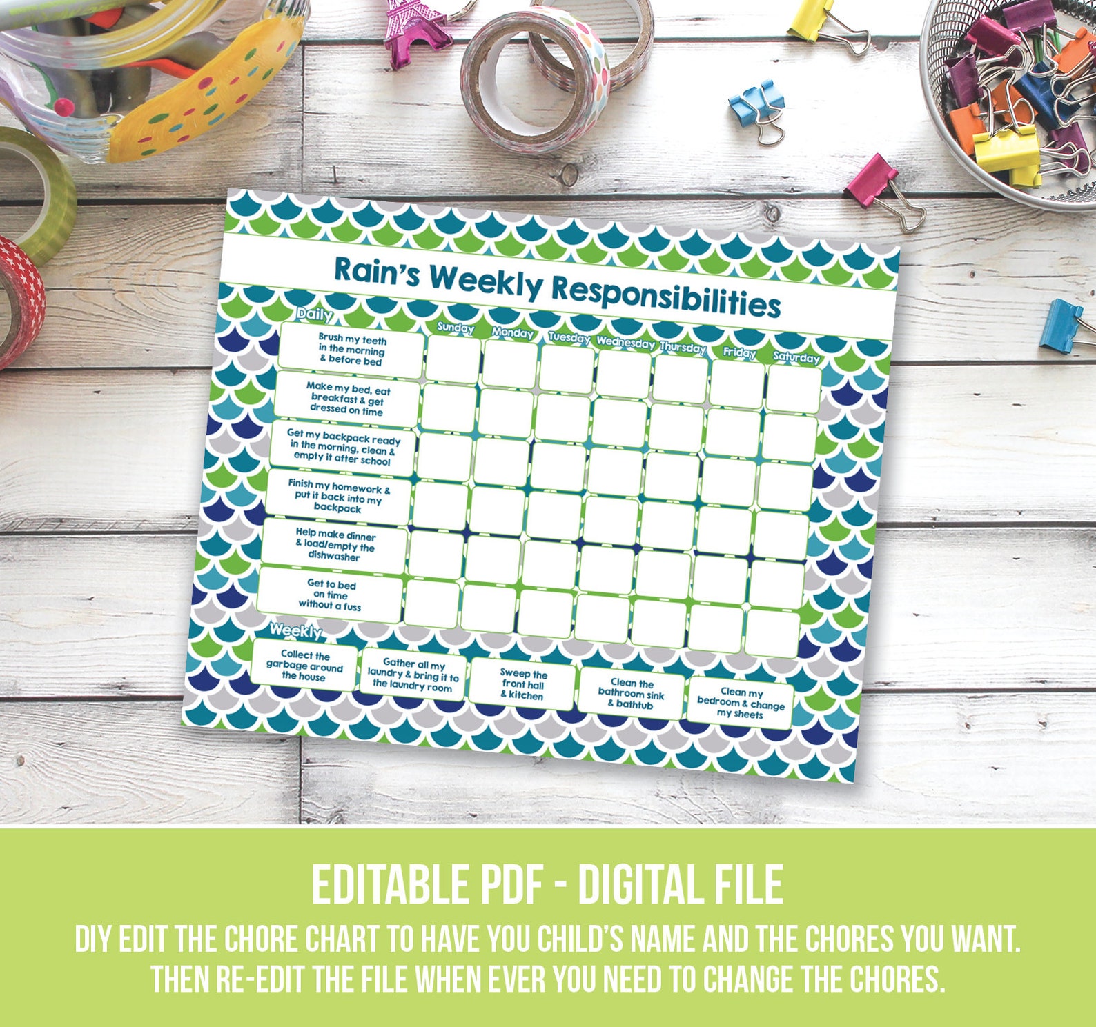 Printable Mermaid Chore Chart Editable Chore Chart for Kids - Etsy