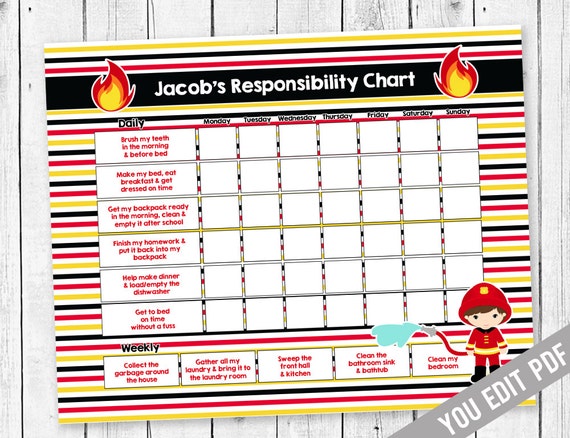 Firefighter Chore Chart Chore Chart for Kids Chore Chart | Etsy UK