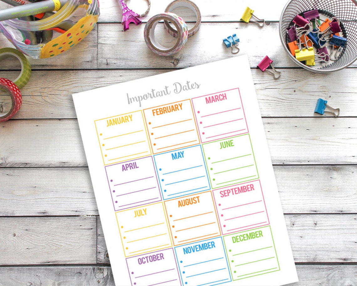Important Dates for the Year Printable Monthly Important - Etsy