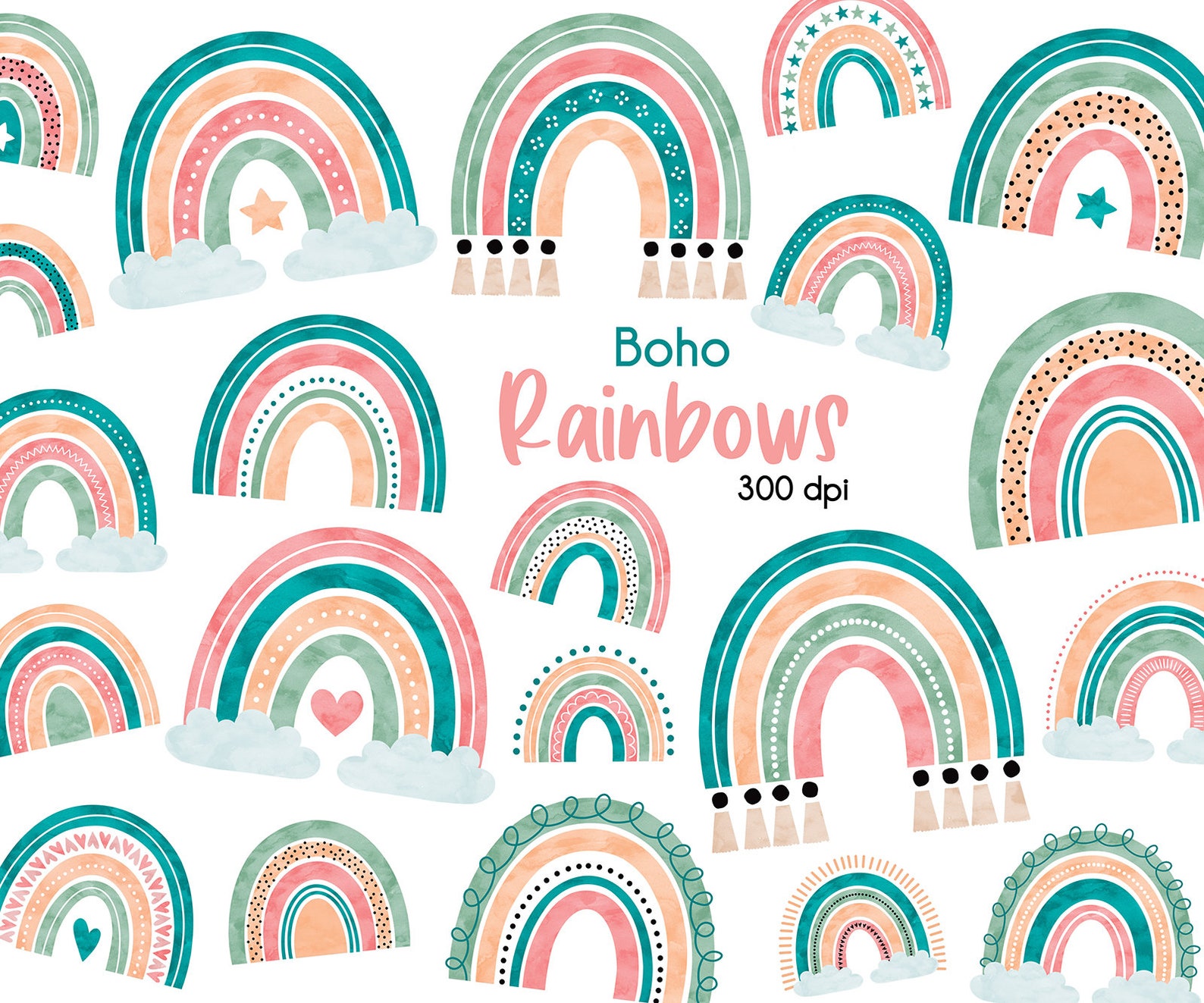 Cute Pastel Rainbow Clipart Bundle Set Boho Rainbow Clipart - Etsy