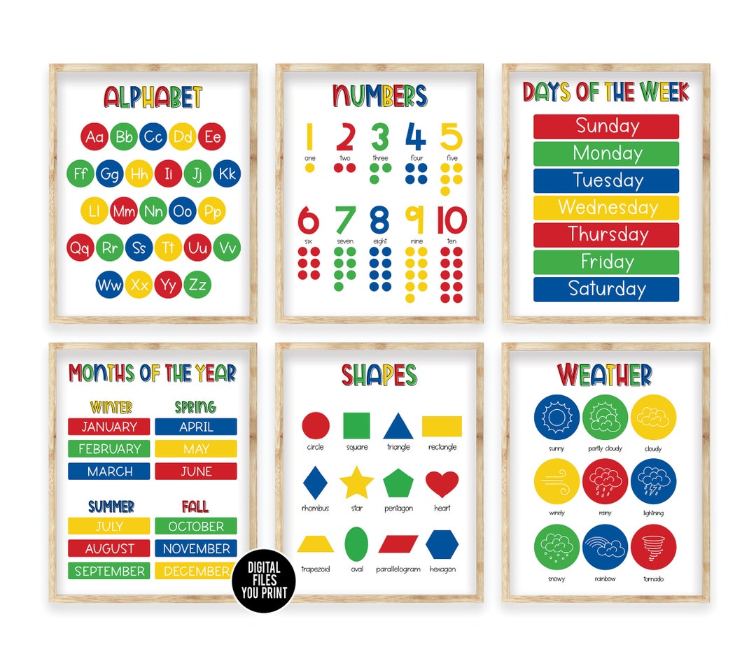 Education Learning Printable Posters Set of 6 · Shapes Numbers Weather ...