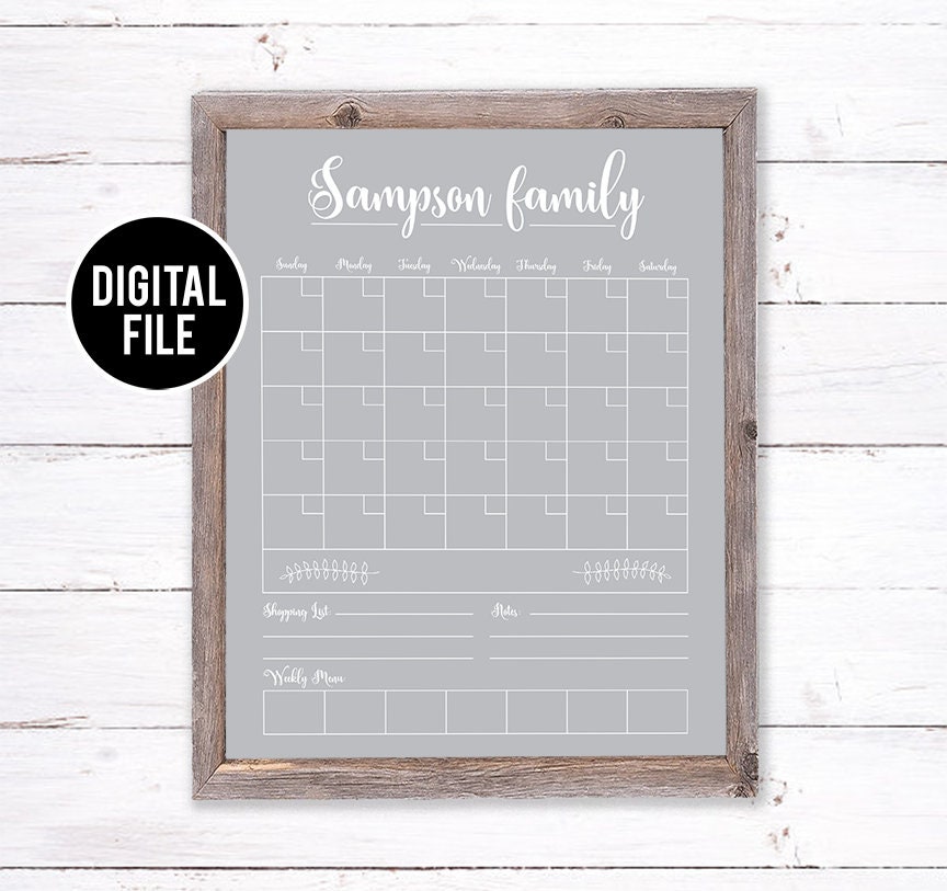 Custom Name Calendar Family Name Calendar Printable Calendar | Etsy