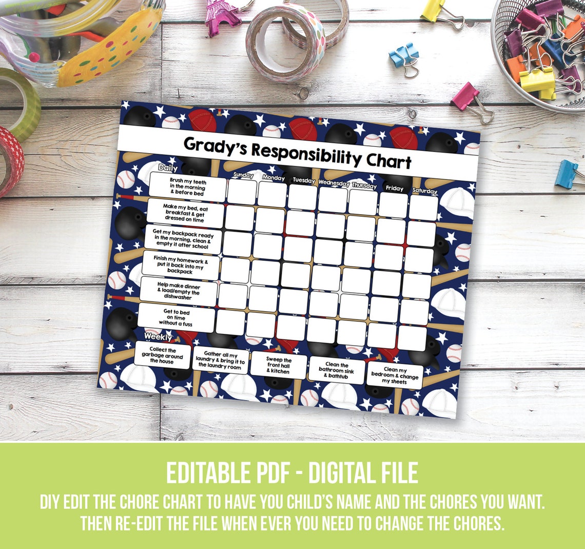 Baseball Chore Chart for Kids Teen Responsibility Chart - Etsy