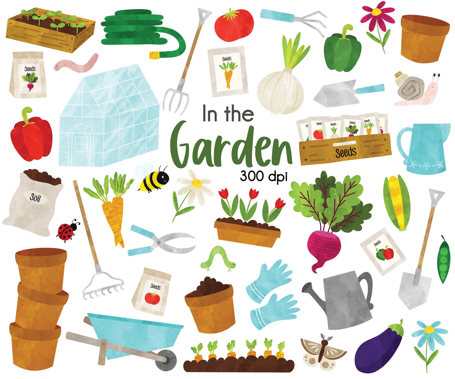 Garden Clipart Bundle, Vegetable Clip Art, Greenhouse, Wheelbarrow ...