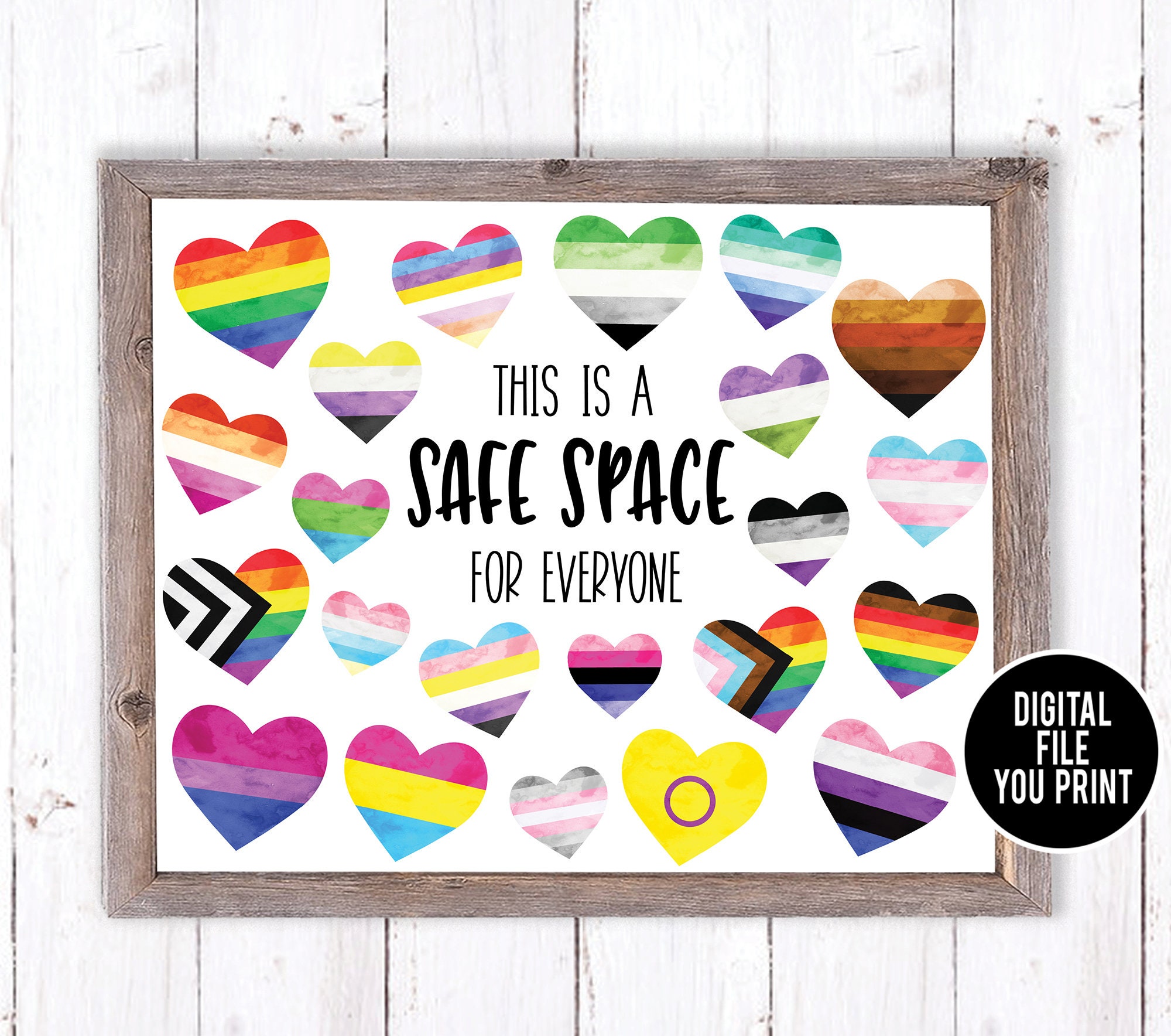 Safe Space for Everyone Poster Printable, Pride Flag Hearts, LGBTQ ...