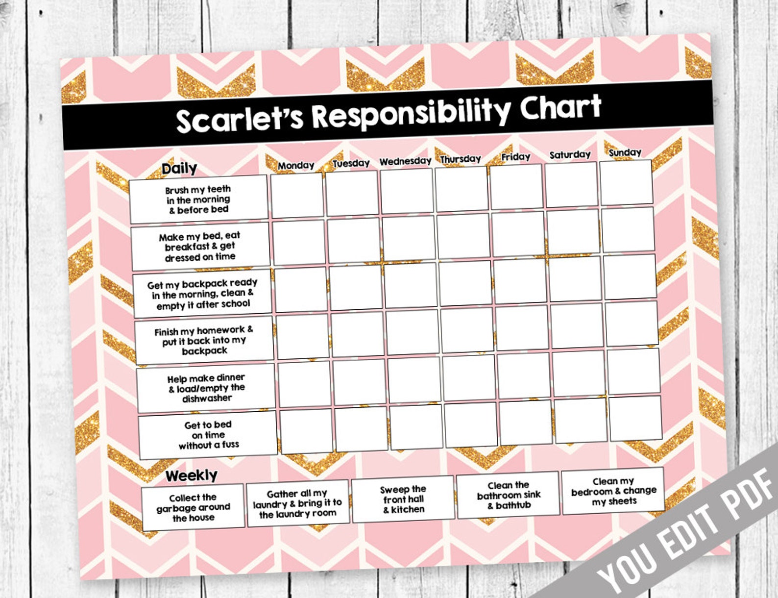 Pink and Gold Printable Chore Chart Encourage Responsibility - Etsy