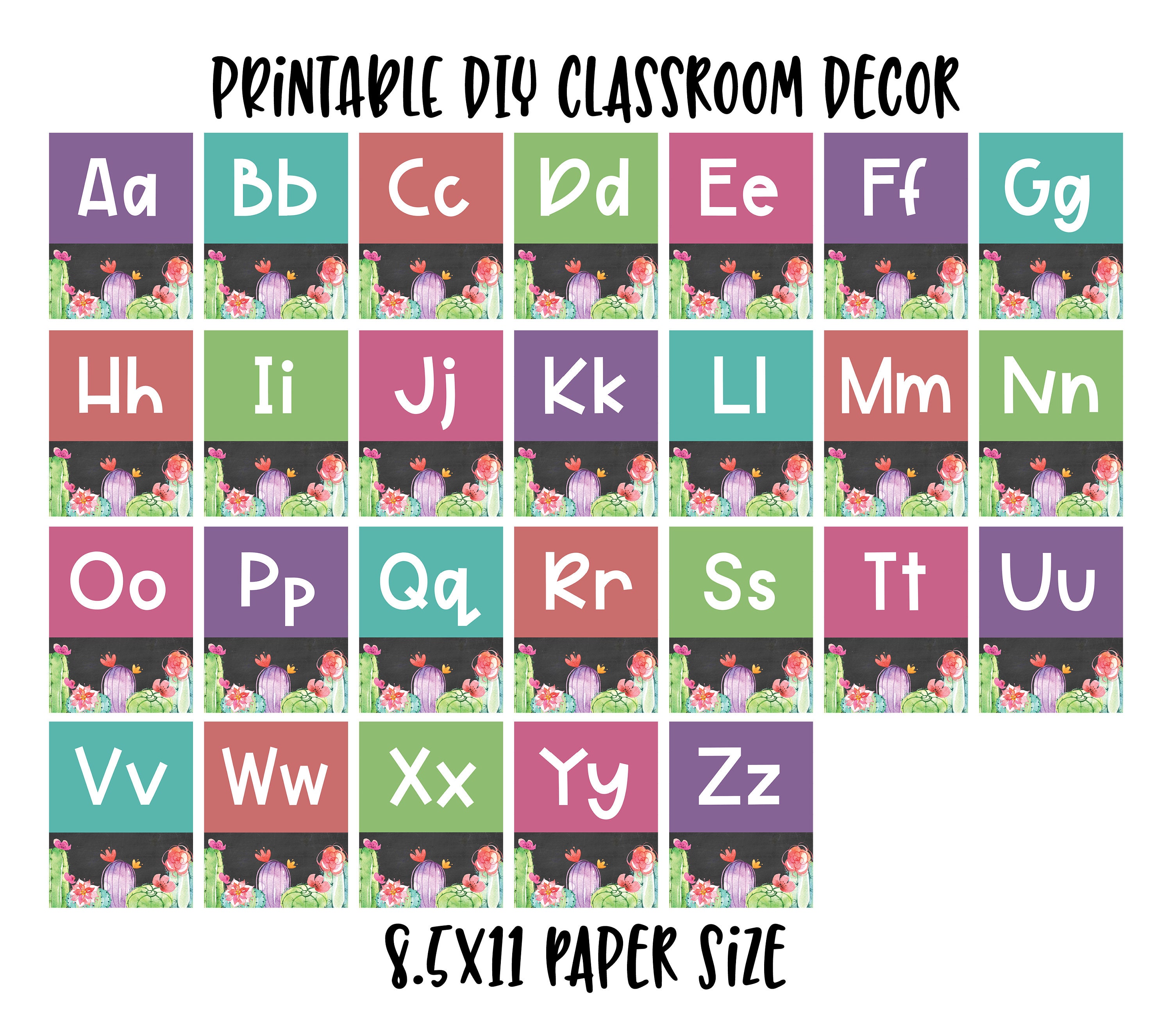 CACTUS Alphabet Posters PRINTABLE | Chalkboard Rainbow Cactus Classroom ...