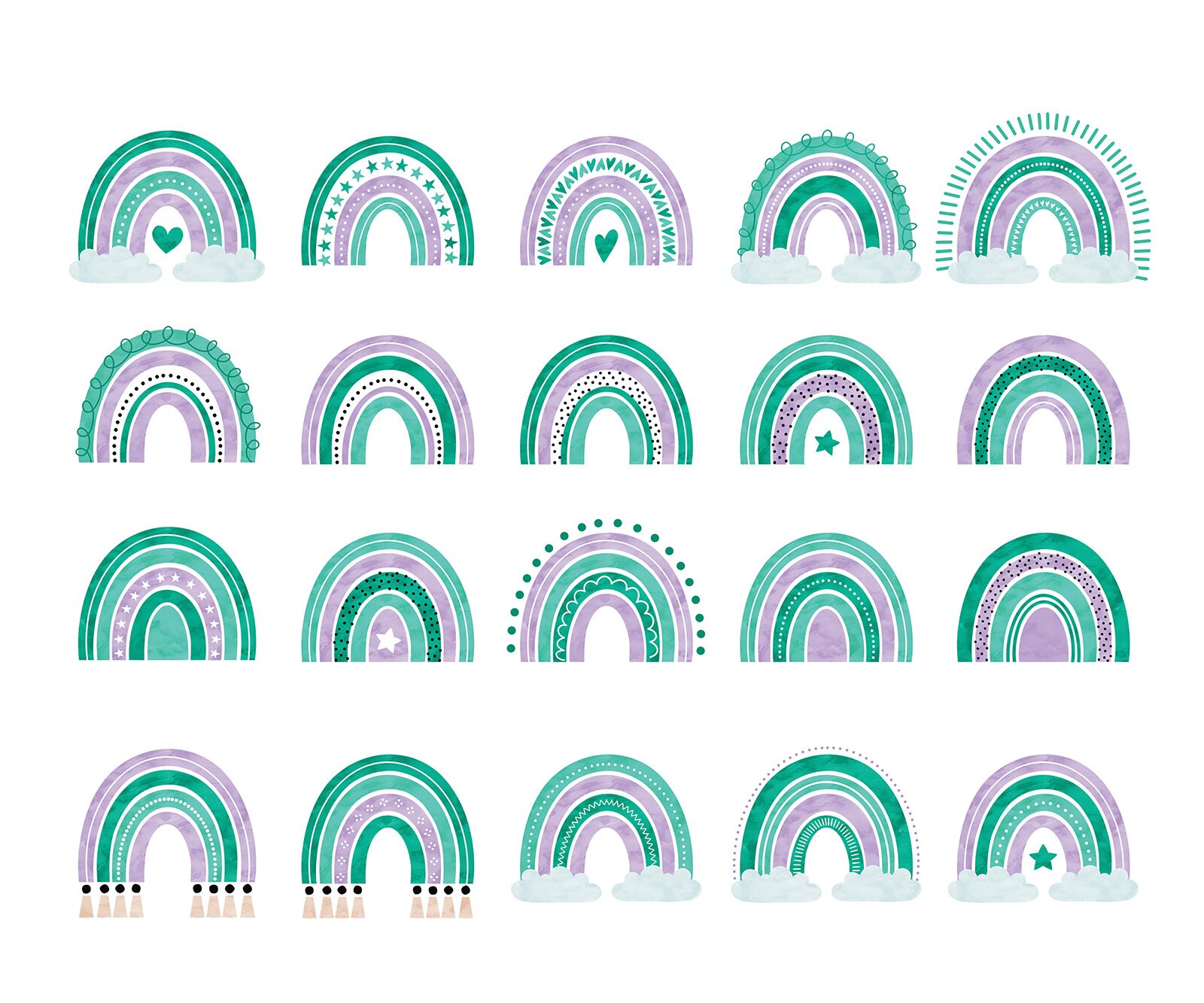 Aqua Purple Rainbow Clipart Bundle Set, Boho Rainbow Clipart, Cute Hand ...