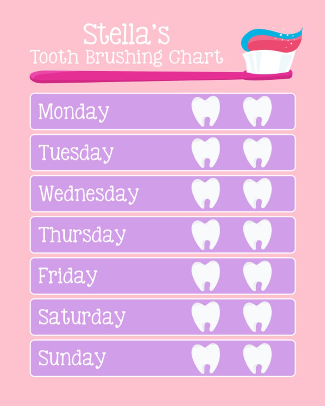 Tooth Brushing Chart, Tooth Brushing Reward Chart, Girl Tooth Brushing ...