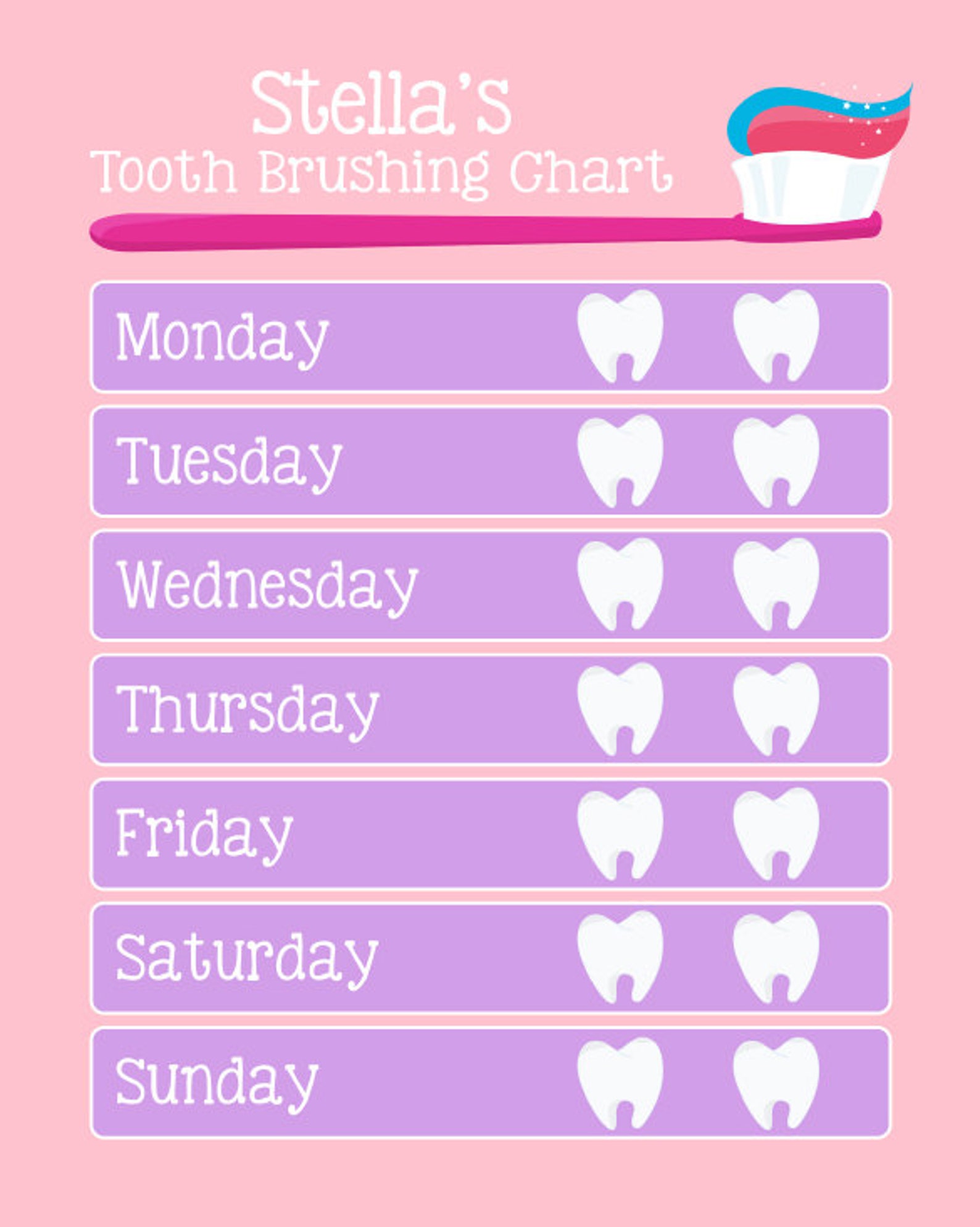 Tooth Brushing Chart Tooth Brushing Reward Chart Girl Tooth | Etsy