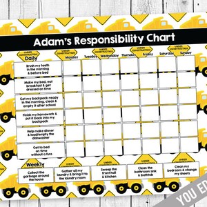 Construction Chore Chart for Kids, Editable Chore Chart PDF, Boys Chore ...