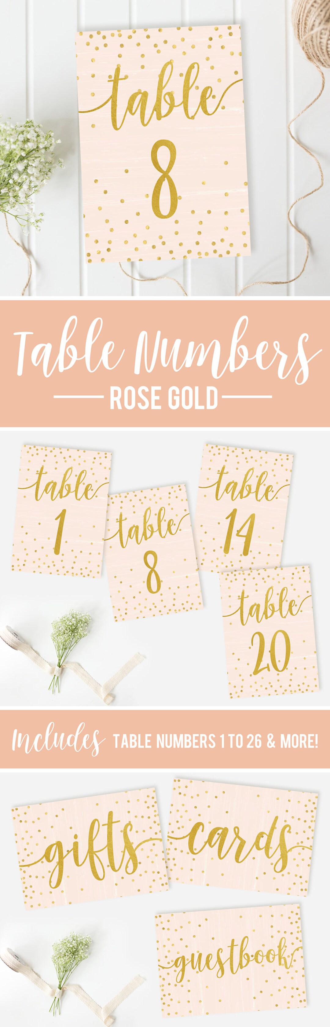 Printable Table Numbers, Rose Gold Table Numbers, Reception Confetti ...