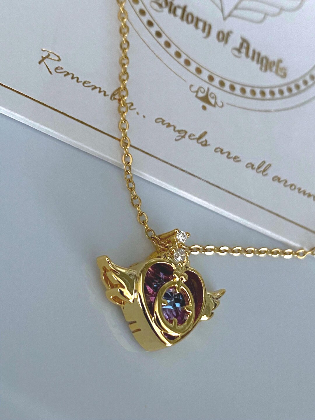 Gold Angel Wing Heart Necklace | Purple Crystal Heart Pendant ...