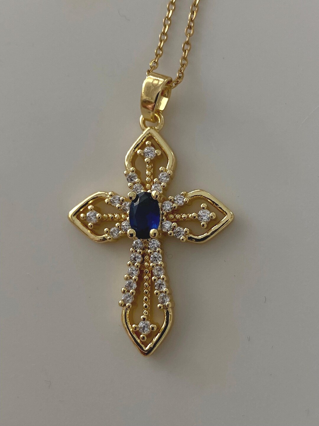 Royal Blue Luxury Vintage Cross Necklaceblue Stone Stainless Steel Gold ...