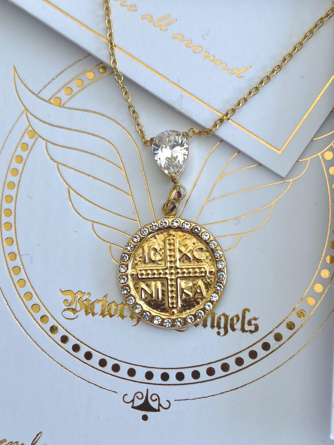 Gold Stainless Steel Orthodox Cross Coin Pendant Necklace With Crystals ...