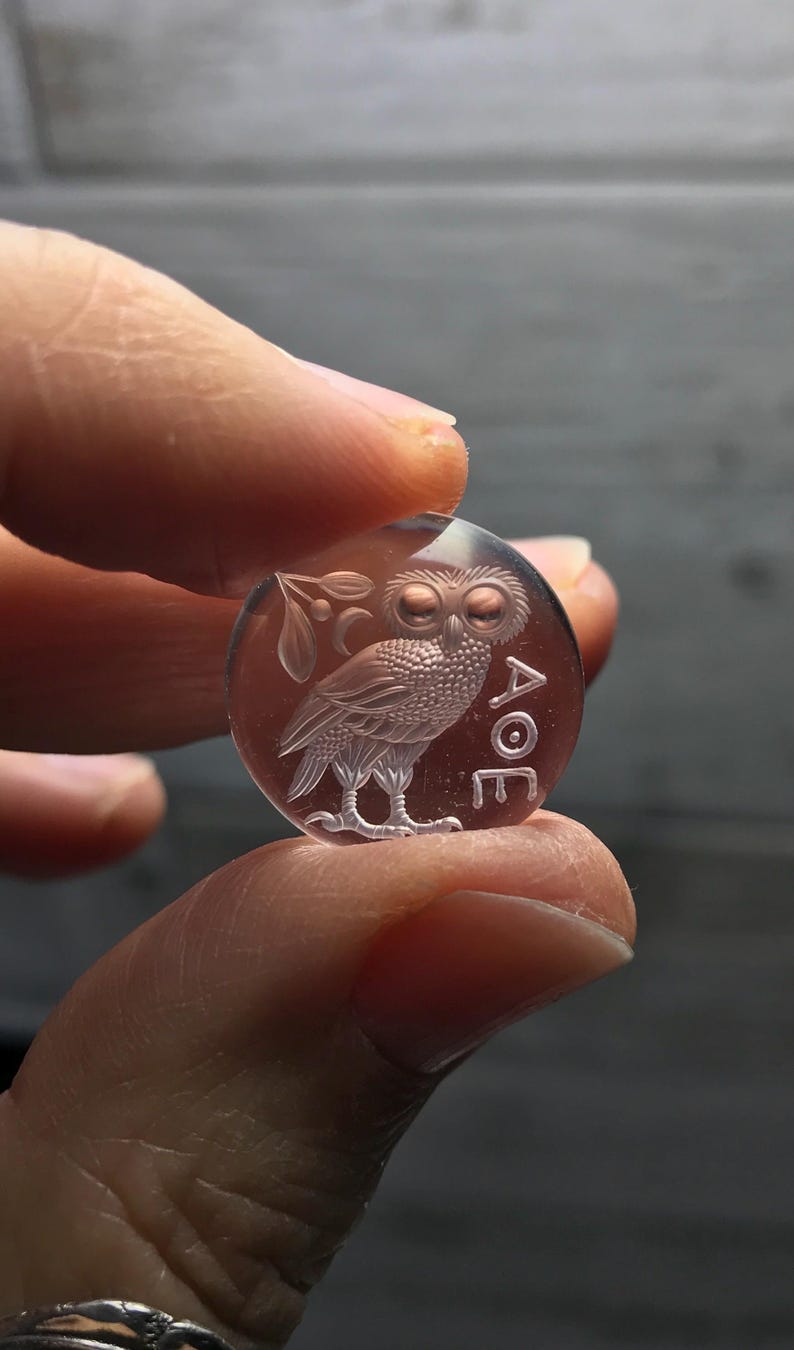 Hand-carved Rock Crystal Intaglio Owl of Athena, Gemcarving, Hard Stone ...