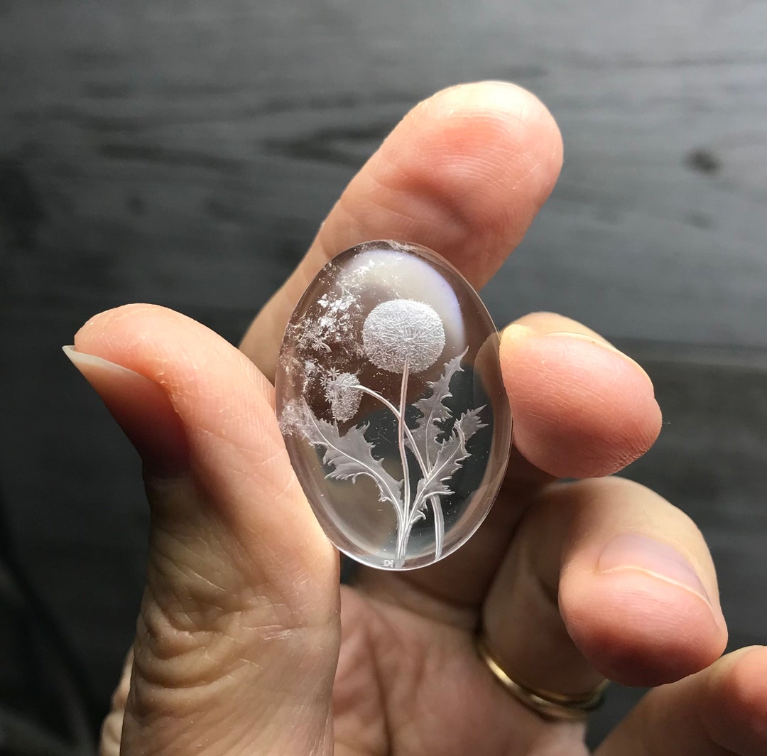 Rock Crystal Intaglio Dandelions , Hand-engraved Intaglio, Gem Carving ...