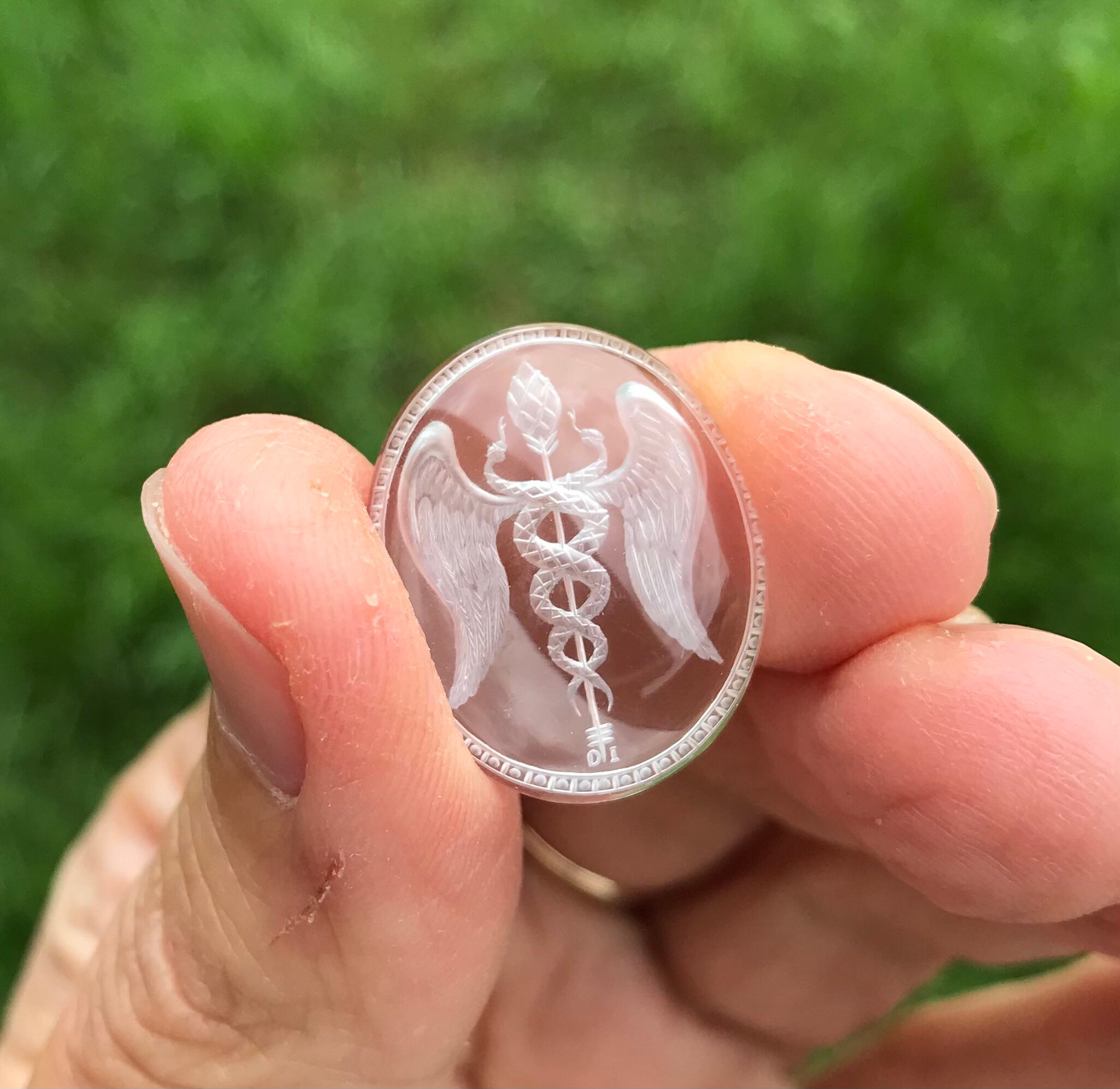 Hand-carved Rock Crystal Intaglio Caduceus, Gnostic Jewelry, Engraved ...