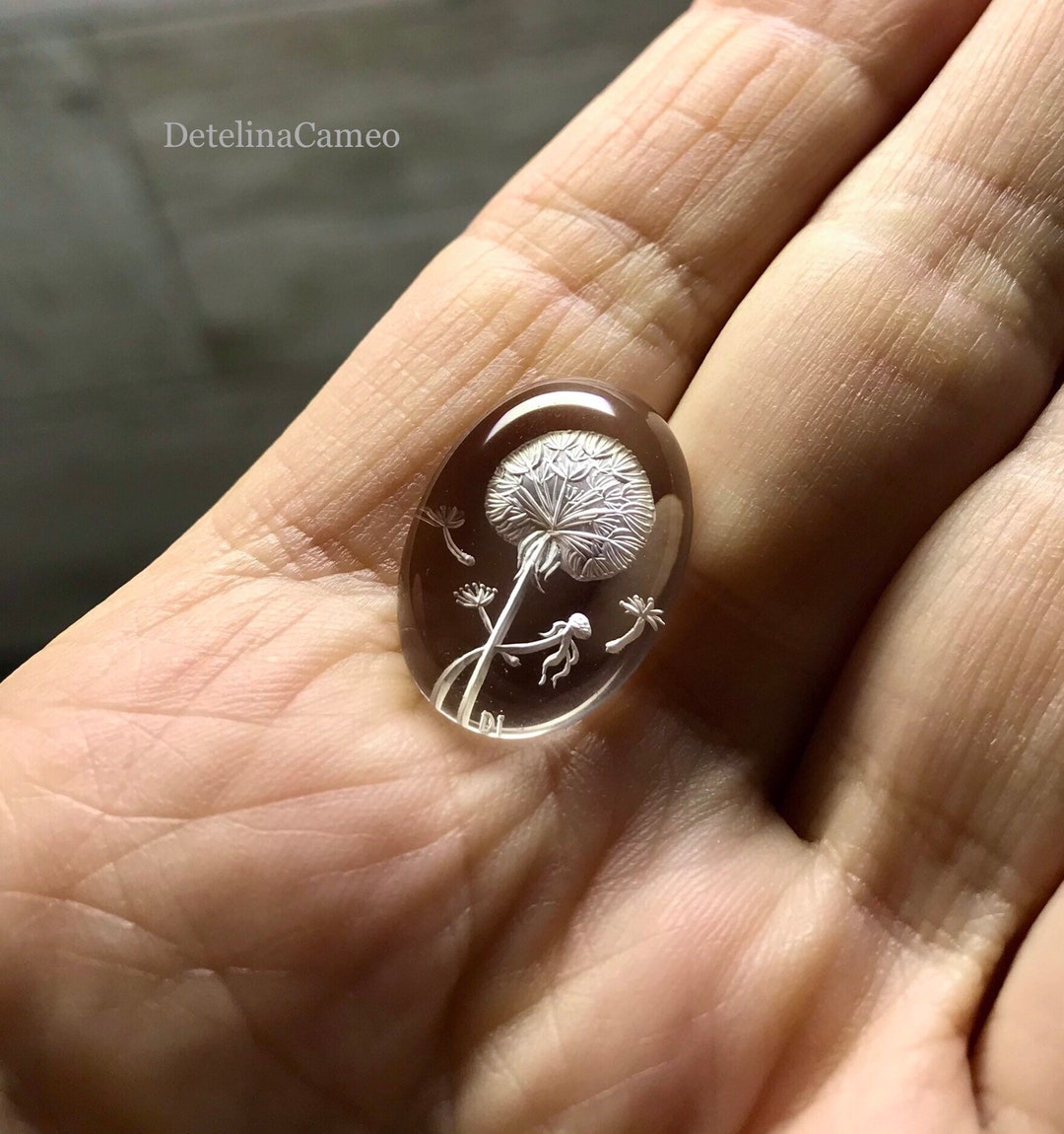 Hand Engraved Rock Crystal Intaglio Dandelion, Gemcarving, Gemstone ...