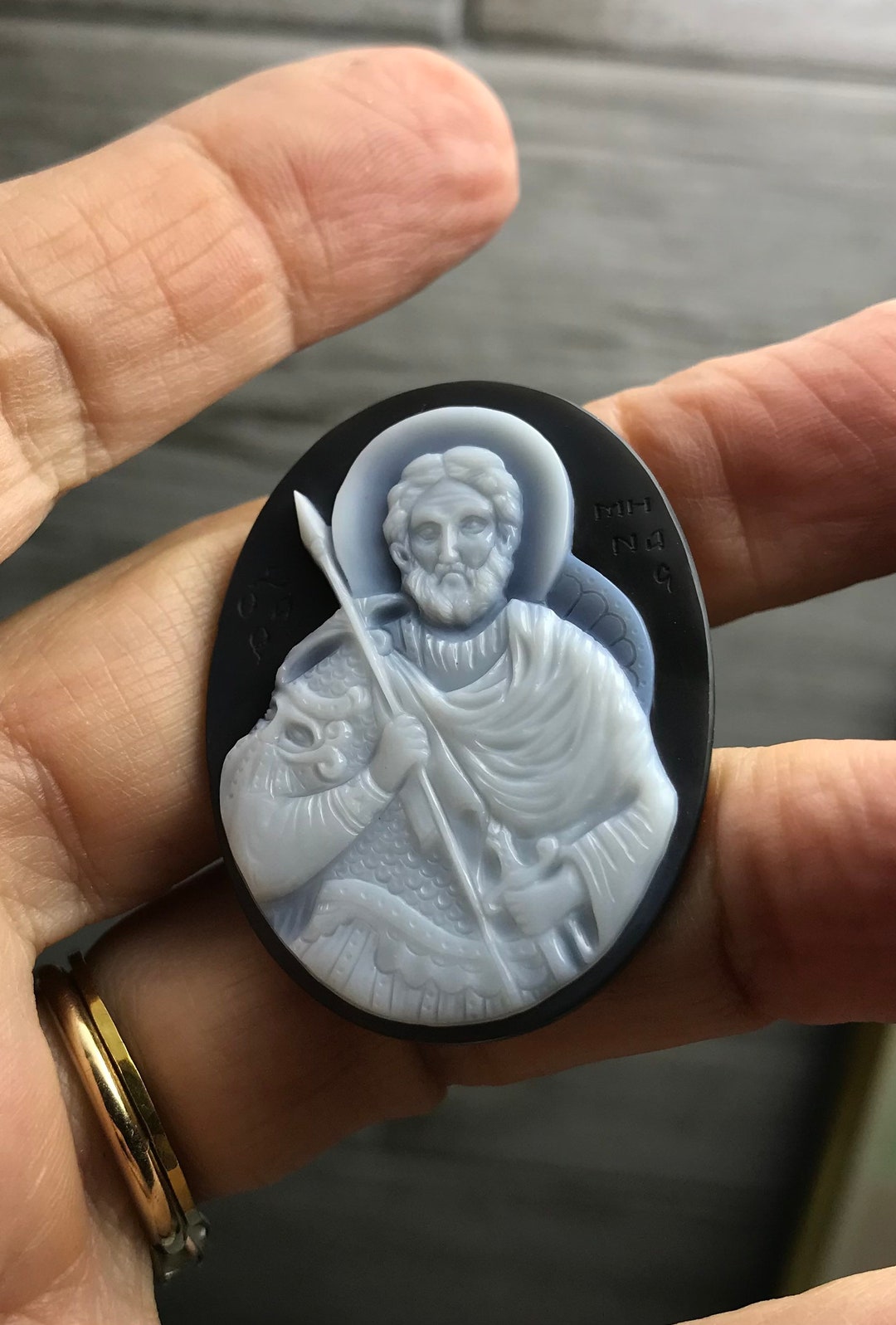 Hand Carved Agate Cameo St Menas, Gem Carving, Amulet, Orthodox Jewelry ...