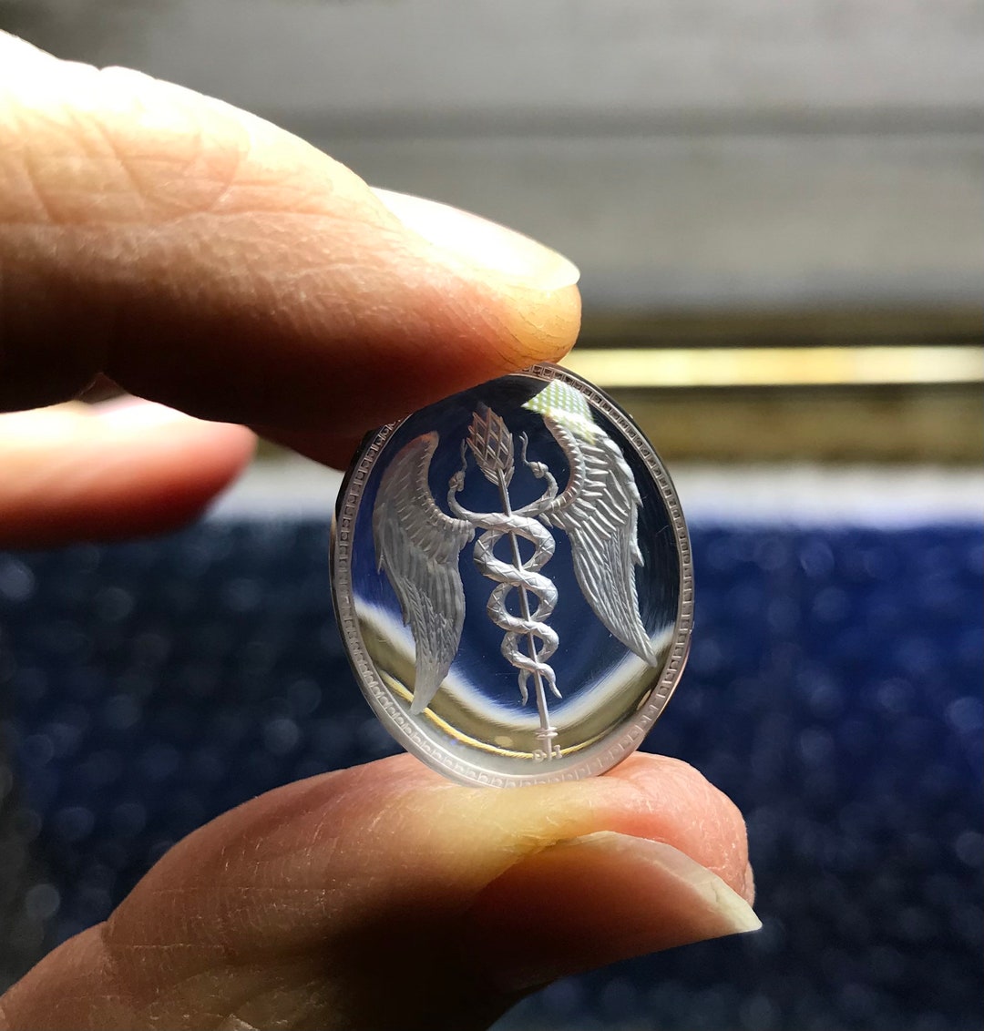 Hand-carved Rock Crystal Intaglio Caduceus, Gnostic Jewelry, Engraved ...