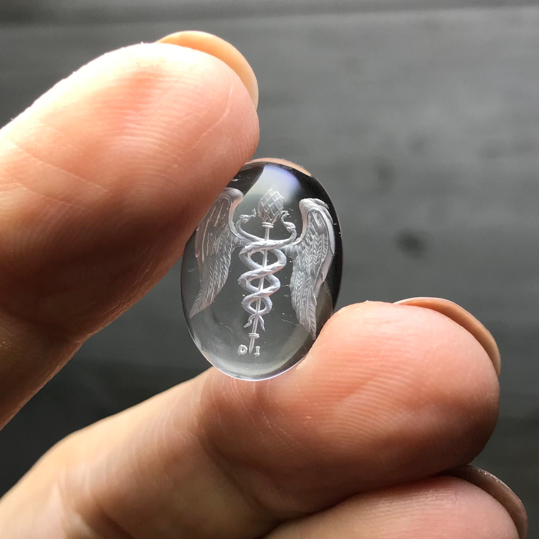 Hand-carved Rock Crystal Intaglio Caduceus, Gnostic Jewelry, Engraved ...