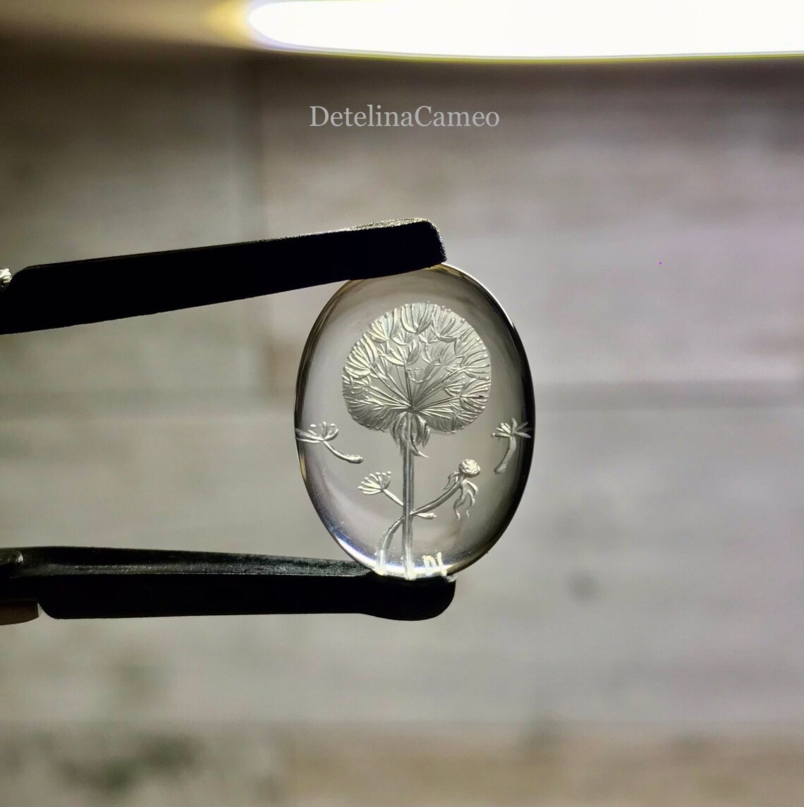 Hand Engraved Rock Crystal Intaglio Dandelion, Gemcarving, Gemstone ...