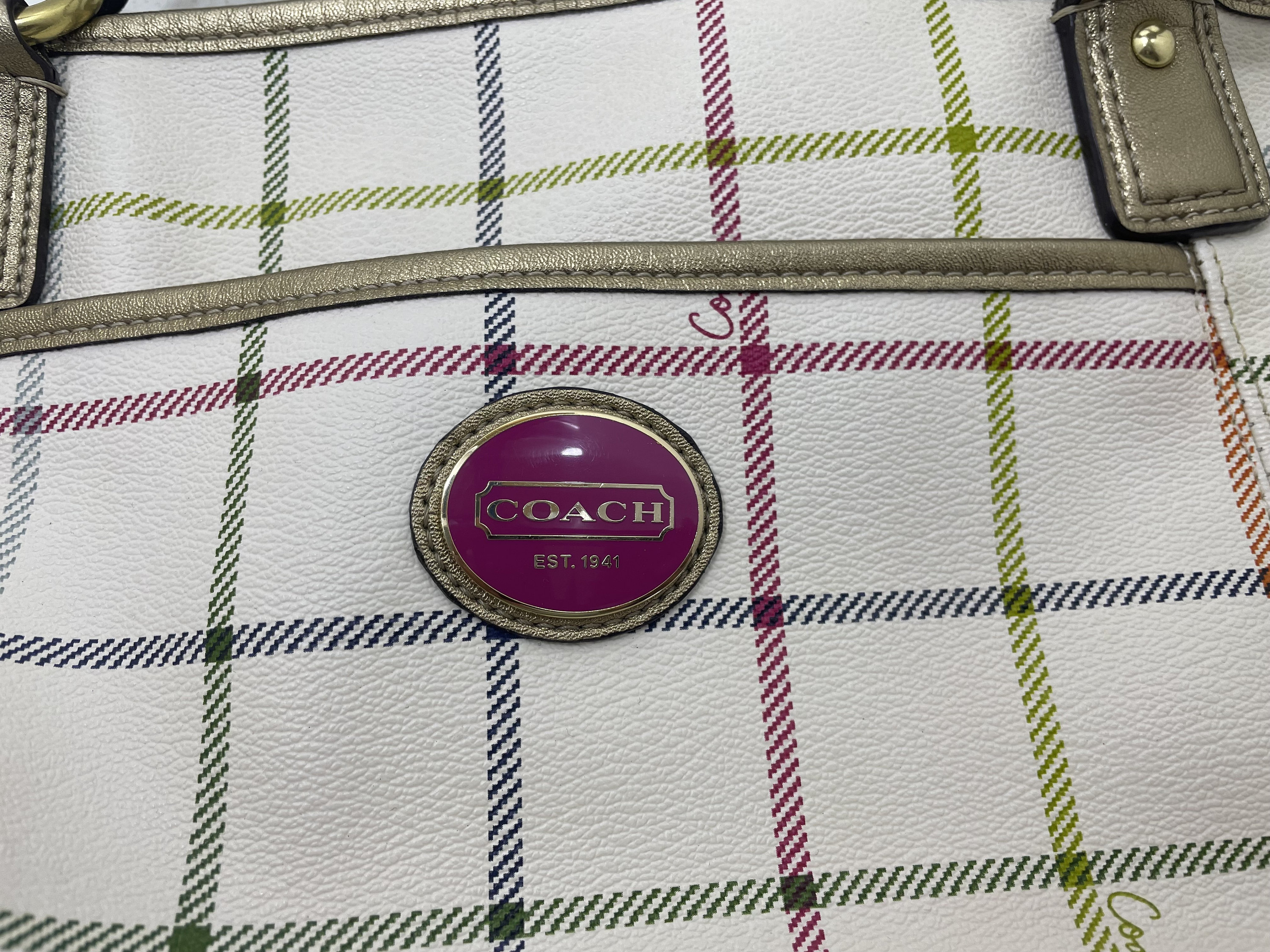 Coach F21364 Peyton Tattersall Large Pocket Cream Plaid Coated - Etsy