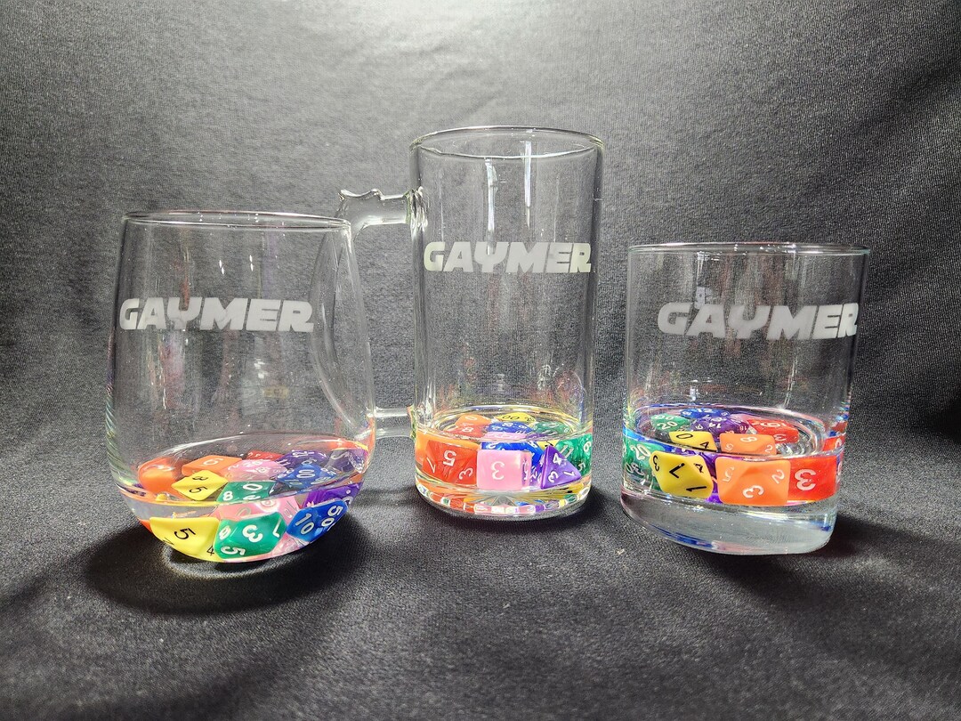 Rainbow Dice Filled GAYMER Mini Stein, Whiskey Tumbler or Stemless Wine ...