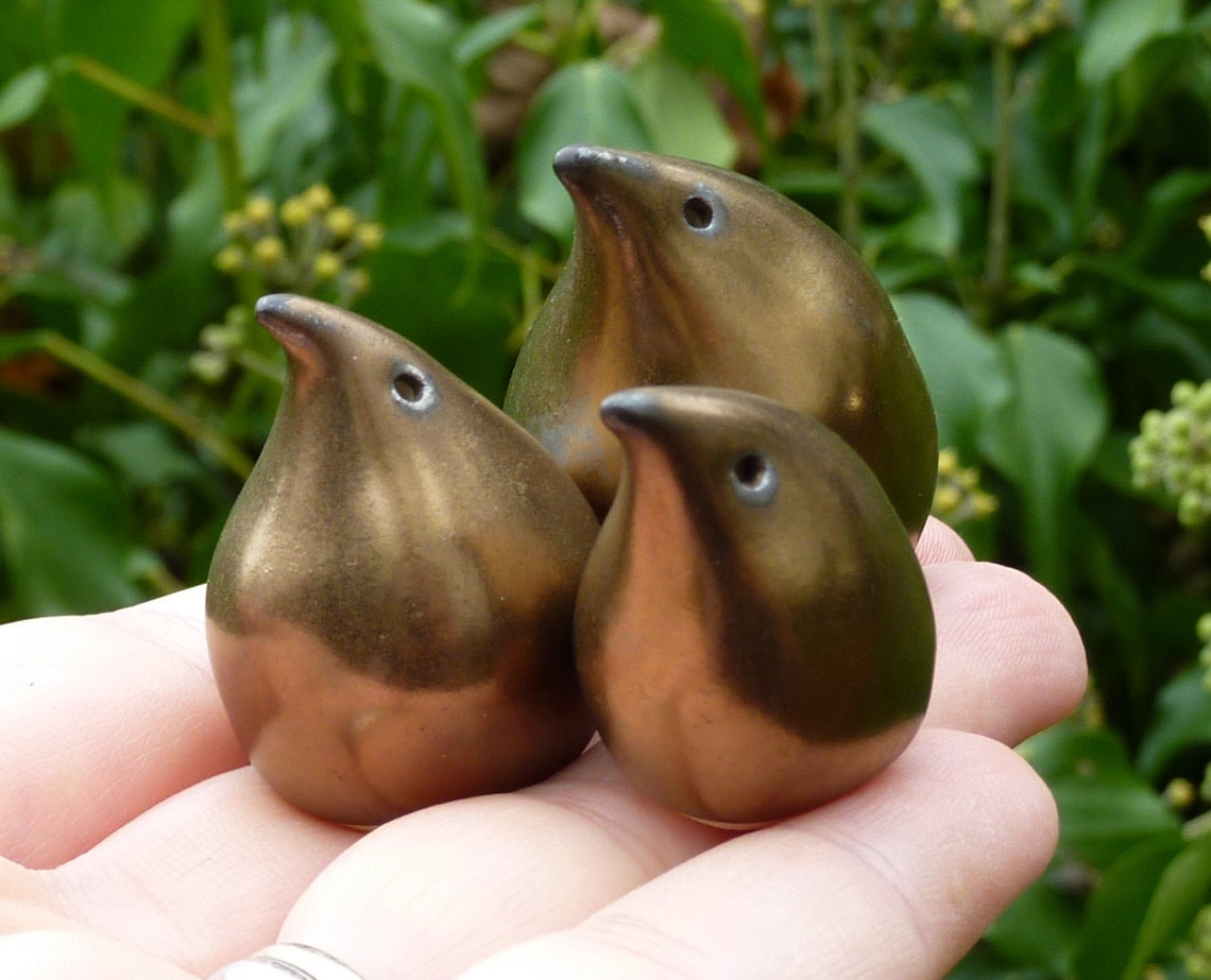 Handmade Ceramic Miniature Gold Birds Family of Three. | Etsy