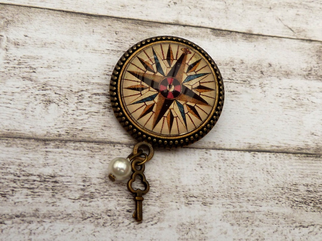 Brooch With Compass Motif Navigation Seafaring Shell Pearl Gift for Him ...