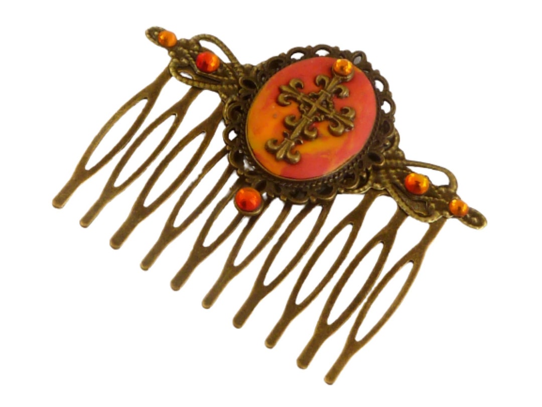 Noble Unique Hair Comb With Cross Ornament Orange Red Bronze Updo Hair ...