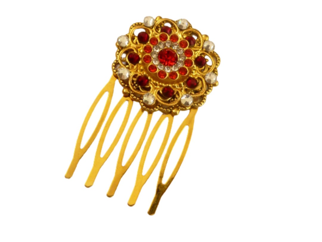 Exclusive Small Unique Hair Comb With Rhinestones Red Clear Gold Bridal ...