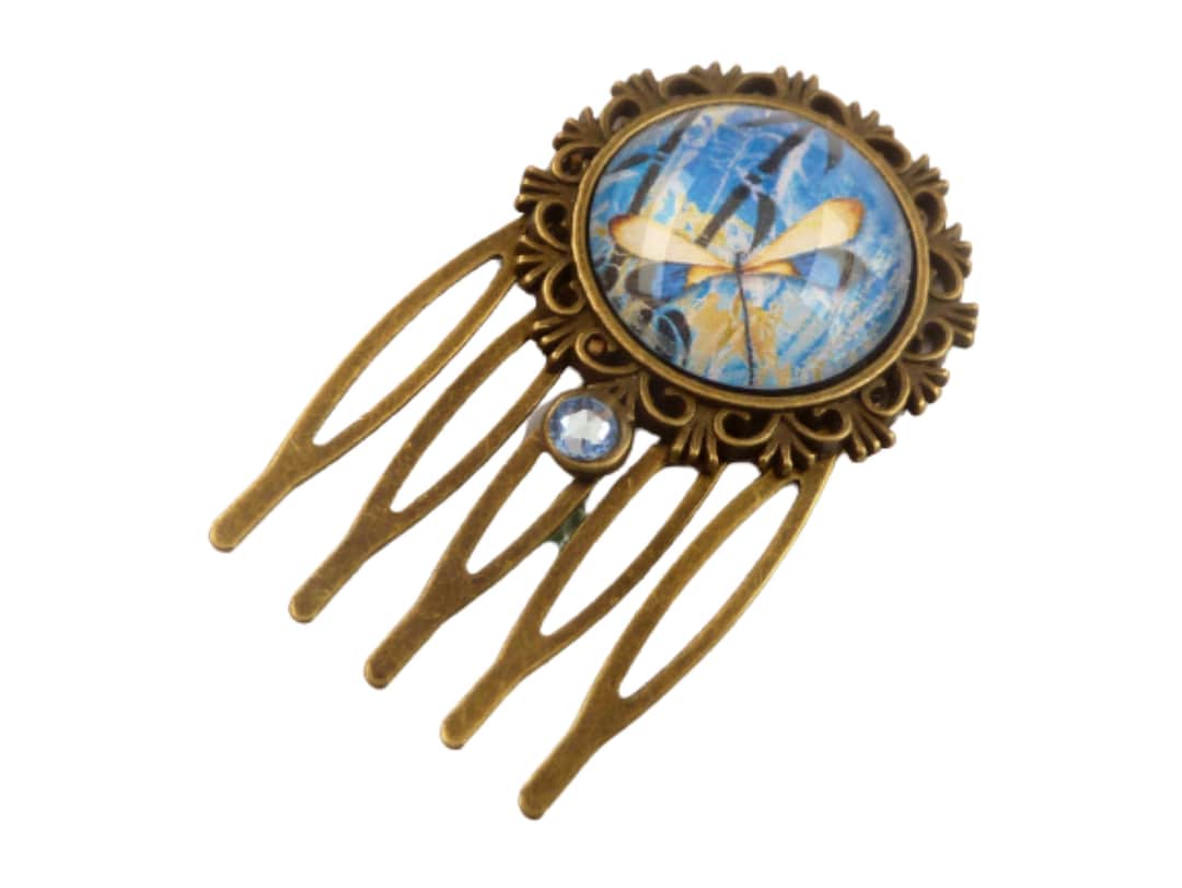 Small Hair Comb With Dragonfly Motif Dark Blue Bronze Metal Bridal ...