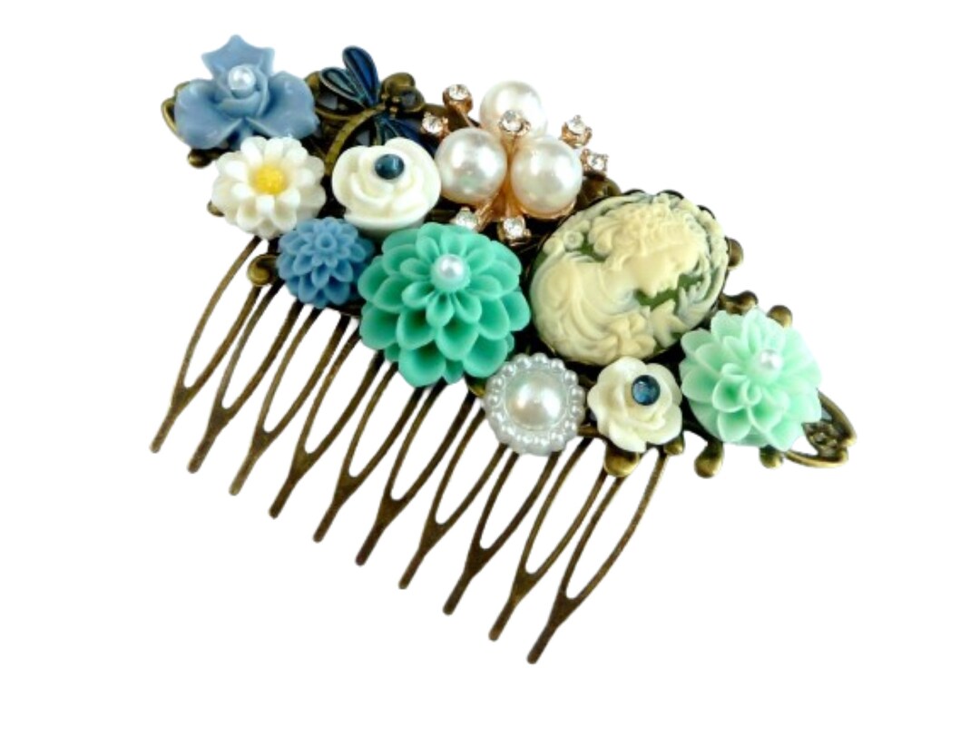 Large Hair Comb With Flowers and Cameo Collage Mint Green Bronze Unique ...