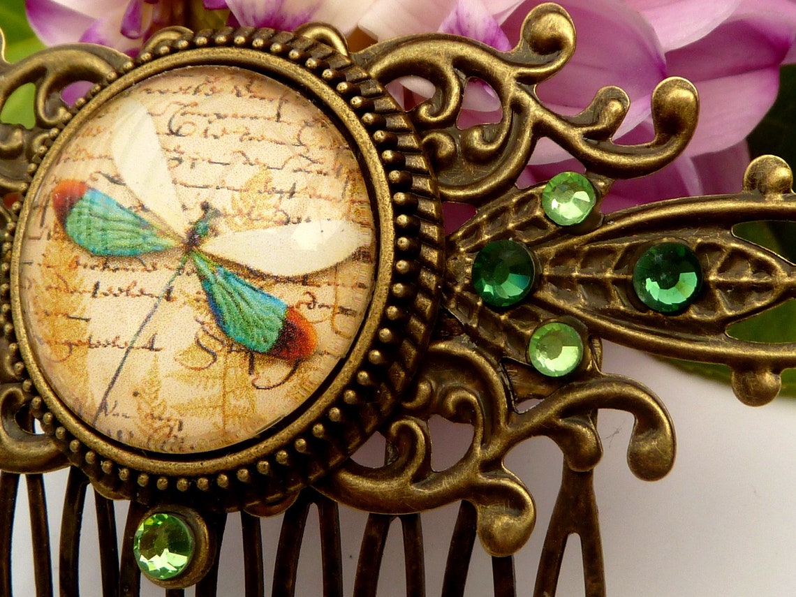 Large Hair Comb With Dragonfly Motif Green Bronze Dimensions 6 L X 8.7 ...