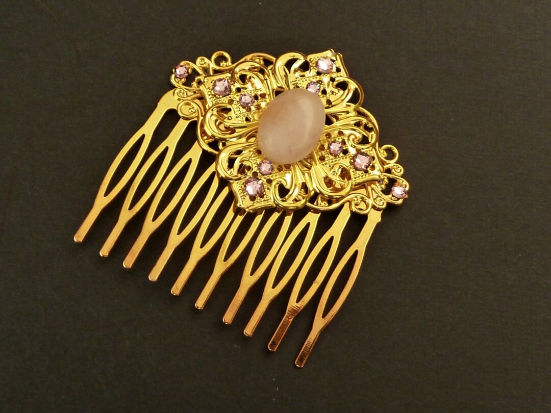 Peine de pelo de piedra preciosa con cuarzo rosa en oro rosa nupcial ...