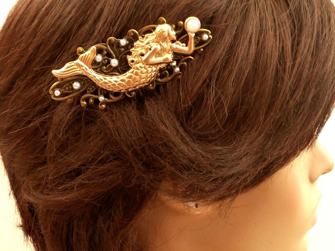 Maritime Hair Comb With Beautiful Mermaid Motif, Gold Bronze Colored ...