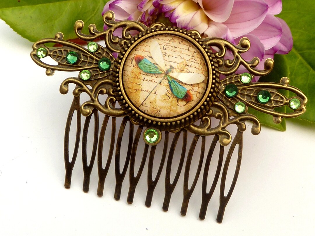 Large Hair Comb With Dragonfly Motif Green Bronze Dimensions 6 L X 8.7 ...