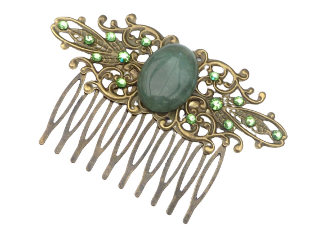Large Gemstone Hair Comb Green Aventurin Bronze Vintage Bridal Wedding ...