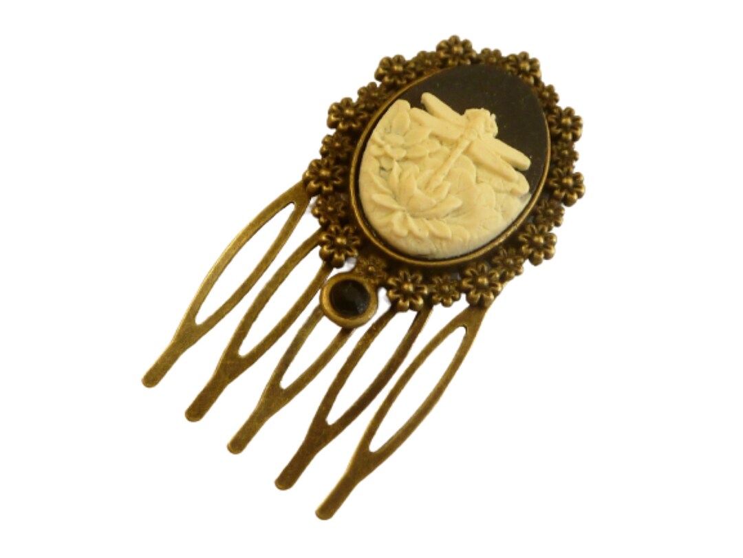 Small Unique Hair Comb With Dragonfly Cameo Black Bronze Vintage Hair ...