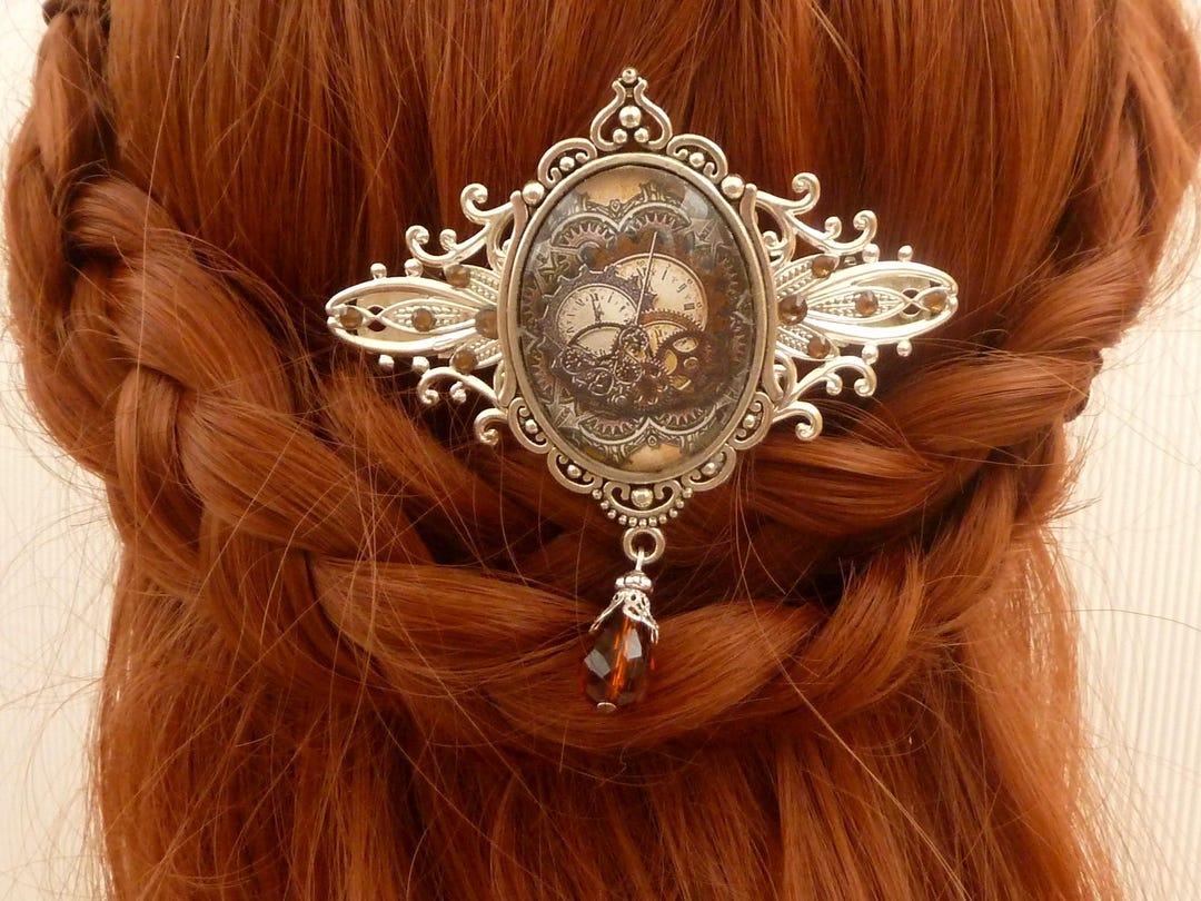 Large Hair Clip in Steampunk Style With Gears Motif Brown Silver - Etsy