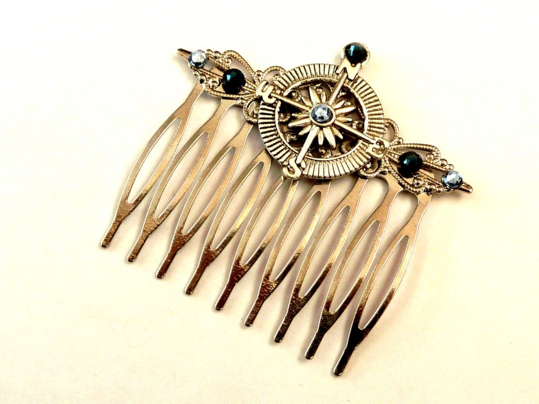 Compass Hair Comb in Silver With Crystals in Blue, Maritime Hair ...