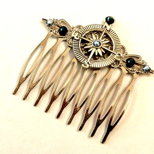 Compass Hair Comb in Silver With Crystals in Blue Maritime - Etsy
